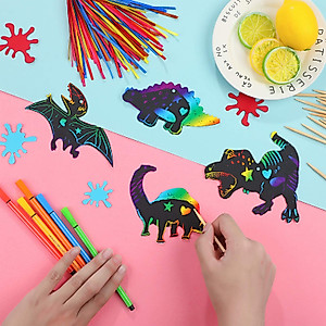 Outus 48 Pieces Scratch Dinosaur Paper Scratch Paper Dinosaur Craft Art Kits with 24 Pieces Wooden Styluses and 48 Pieces Ribbons for Dinosaur Birthday Party Game Supplies