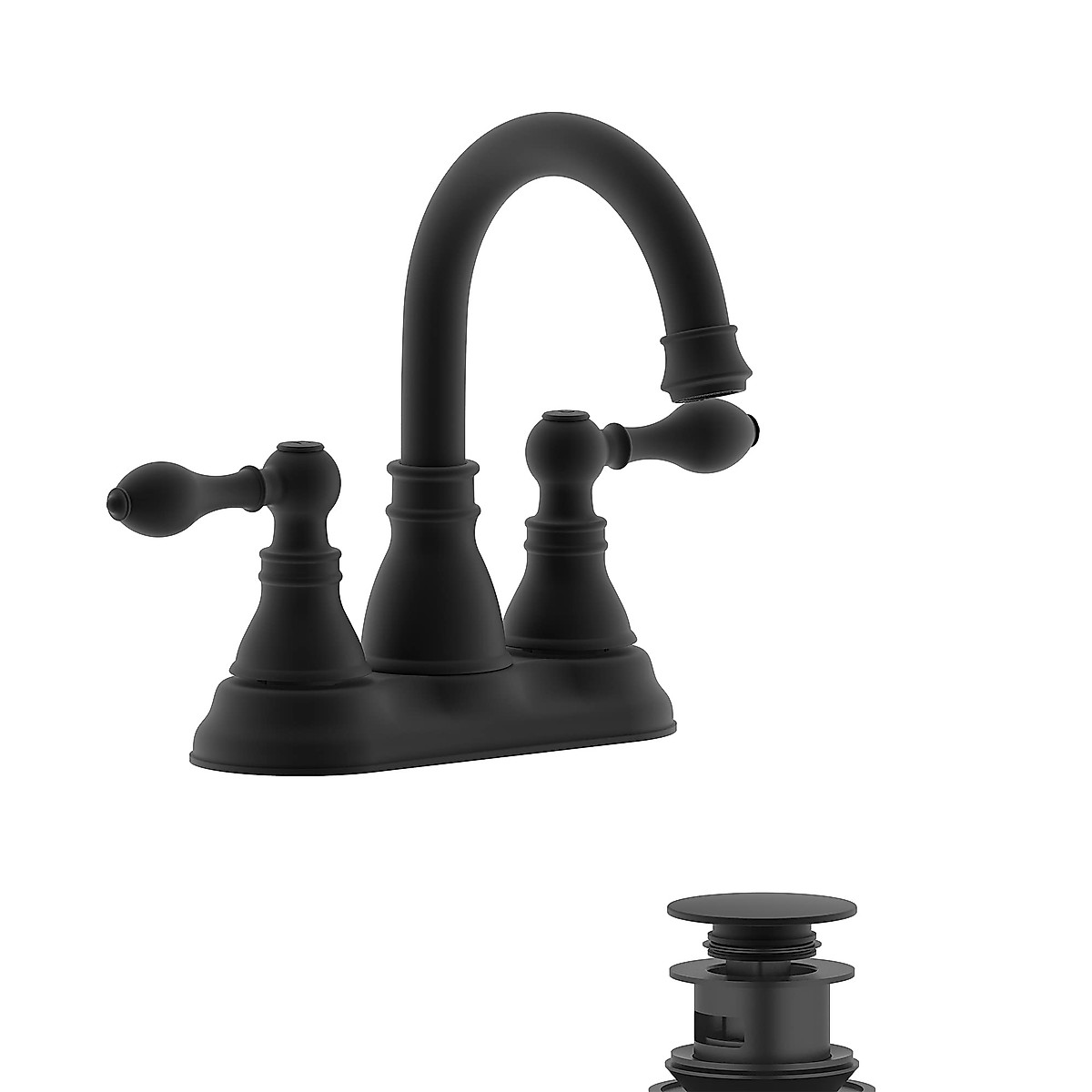Derengge Two Handle Bathroom Sink Faucet Matte Black 3 Hole Bathroom Faucet with Overflow Pop up Drain, 360° Swivel Spout Sink Faucet 4 Inch Centerset Lavatory Faucet,F-4501-MT