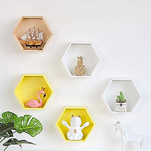 PIBM Stylish Simplicity Shelf Wall Mounted Floating Rack Shelves Retro Hexagon Solid Wood Storage Bedroom Easy to Install,3 Colors, Yellow , 27x9x23.5cm