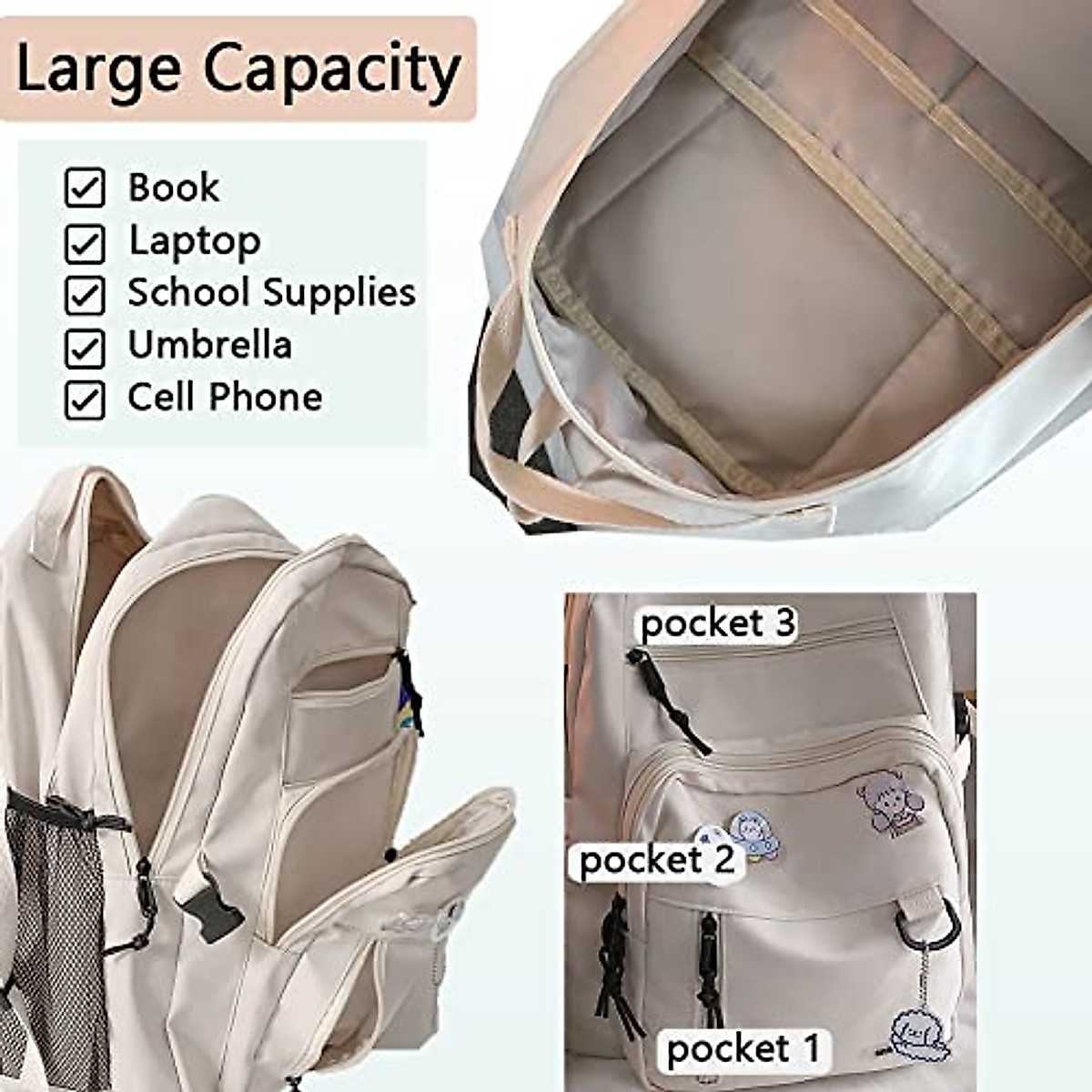 Aesthetic Backpack for School, Teen Girls Preppy Backpack, Fashion Big Student School Bags, Multi Pocket Canvas Backpack (Black)