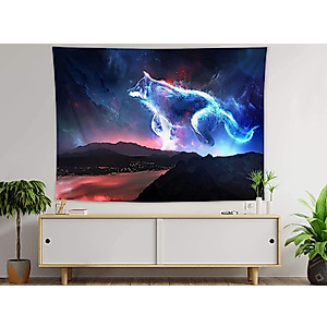 HVEST Wolf Tapestry Wall Hanging Mountains and Lake Night Natural Scenery Tapestries Wild Animal Wolve in Trippy Space Wall Decor Blanket for Bedroom Living Room Dorm,60x40 Inches