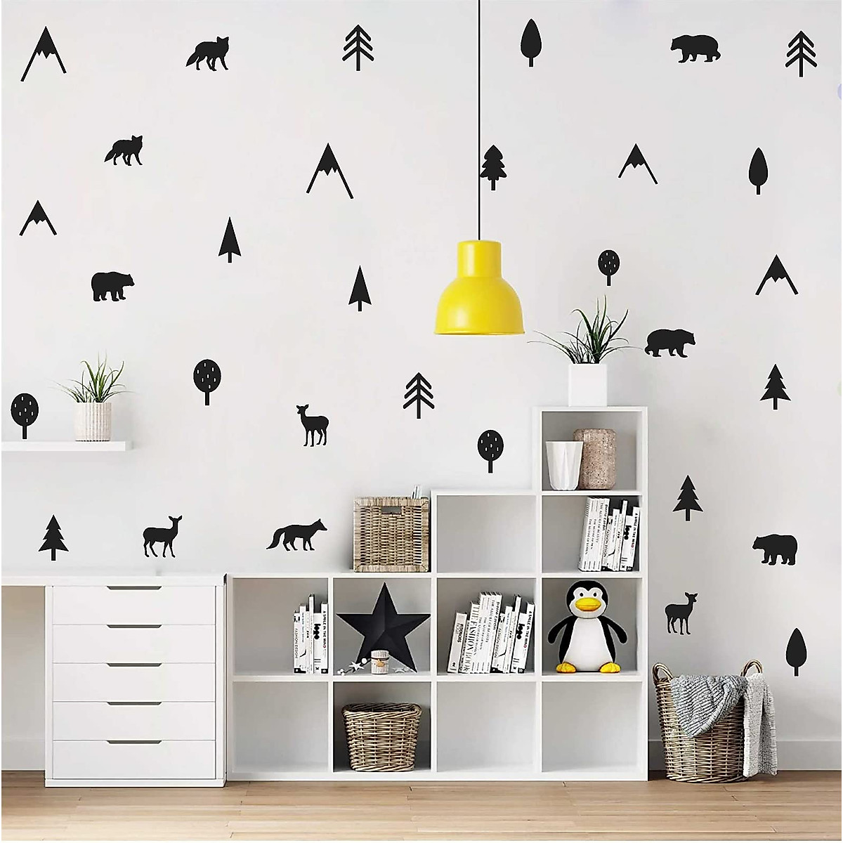 IKEYU Woodland Animals Wall Stickers Mountain Tree Wall Decals Black Vinyl Jungle Stickers Forest Animals Wall Decals for Kids Room Nursery Bedroom Decor