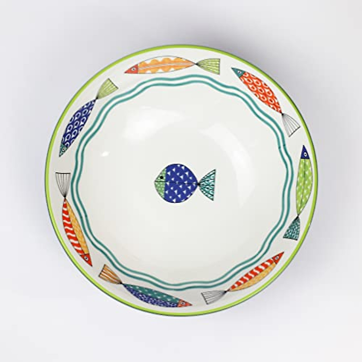 Euro Ceramica FreshCatch Collection 13-Inch Large Serving Bowl - Indoor/Outdoor Use - Colorful Cute Fish Pattern on White (FRC-86-3913)