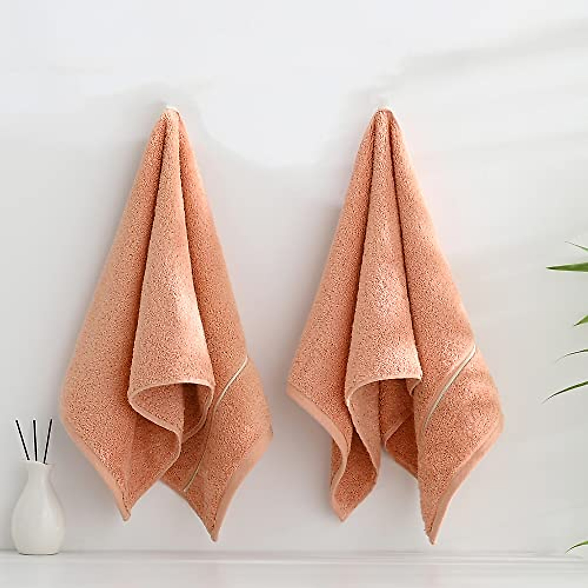 YiLUOMO Hand Towel Set of 2 Soft 100% Cotton Towels Gold Line Embroidered Design Absorbent Terry Bath Hand Towels for Bathroom Decorative Hotel, Gym, Pool 13x 29 Inch (Coral)