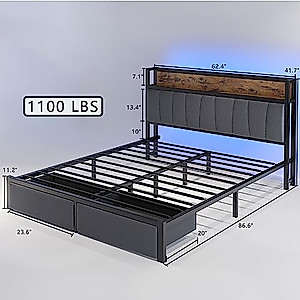Queen Bed Frames with Drawers and Storage Headboard, Queen Platform Bed Frame with LED Light Strip, Upholstered Bed Frame Queen Size with 2 USB Charging Station, No Box Spring Needed, Easy Assembly