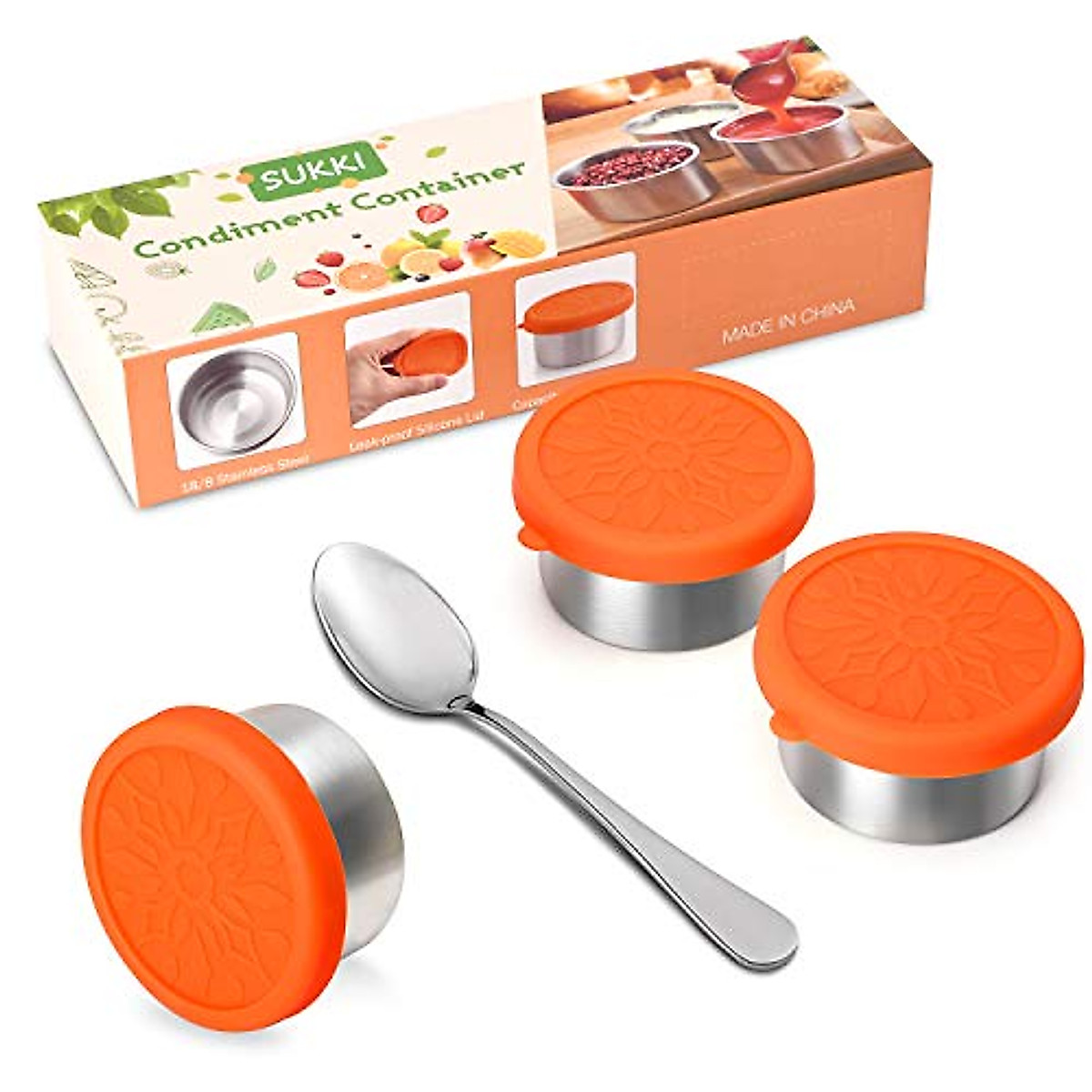 SUKKI Stainless Steel Condiment Containers - 3 x 3.4oz Salad Dressing Containers with Food Grade and Leakproof Silicone Lids - for Snacks, Desserts, Souffle, Baby Food
