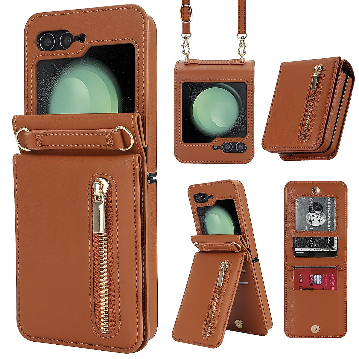 XIMAND for Samsung Galaxy Z Flip 5 Luxury Zipper Wallet Phone Case, Multi-Function Kickstand Card Holder Adjustable Crossbody Strap, Fashion Flip Case.(Brown)