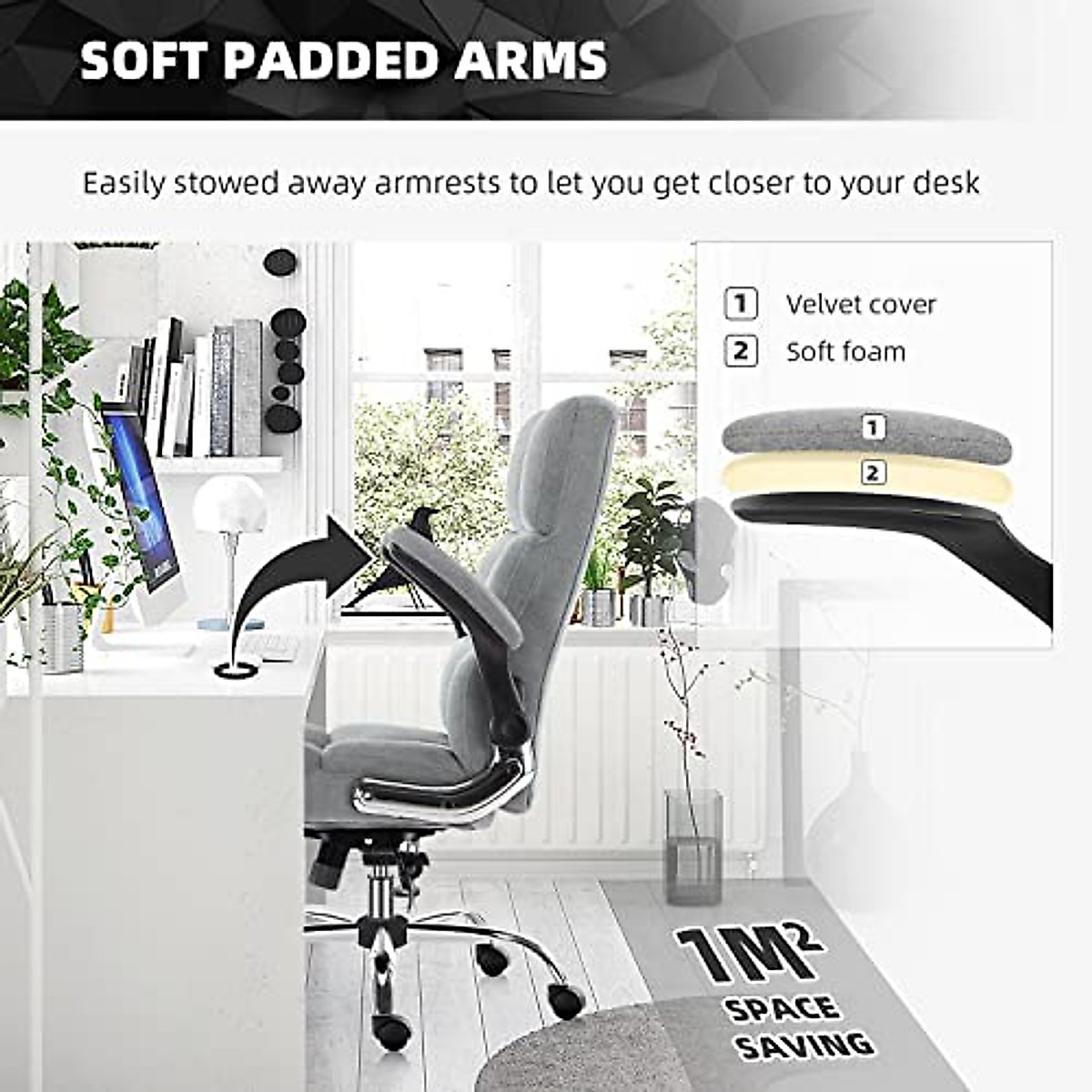 YAMASORO Velvet Office Chairs High Back Executive Chair with Flip-up Arms Home Office Desk Chair with Wheels for Adult (Grey)