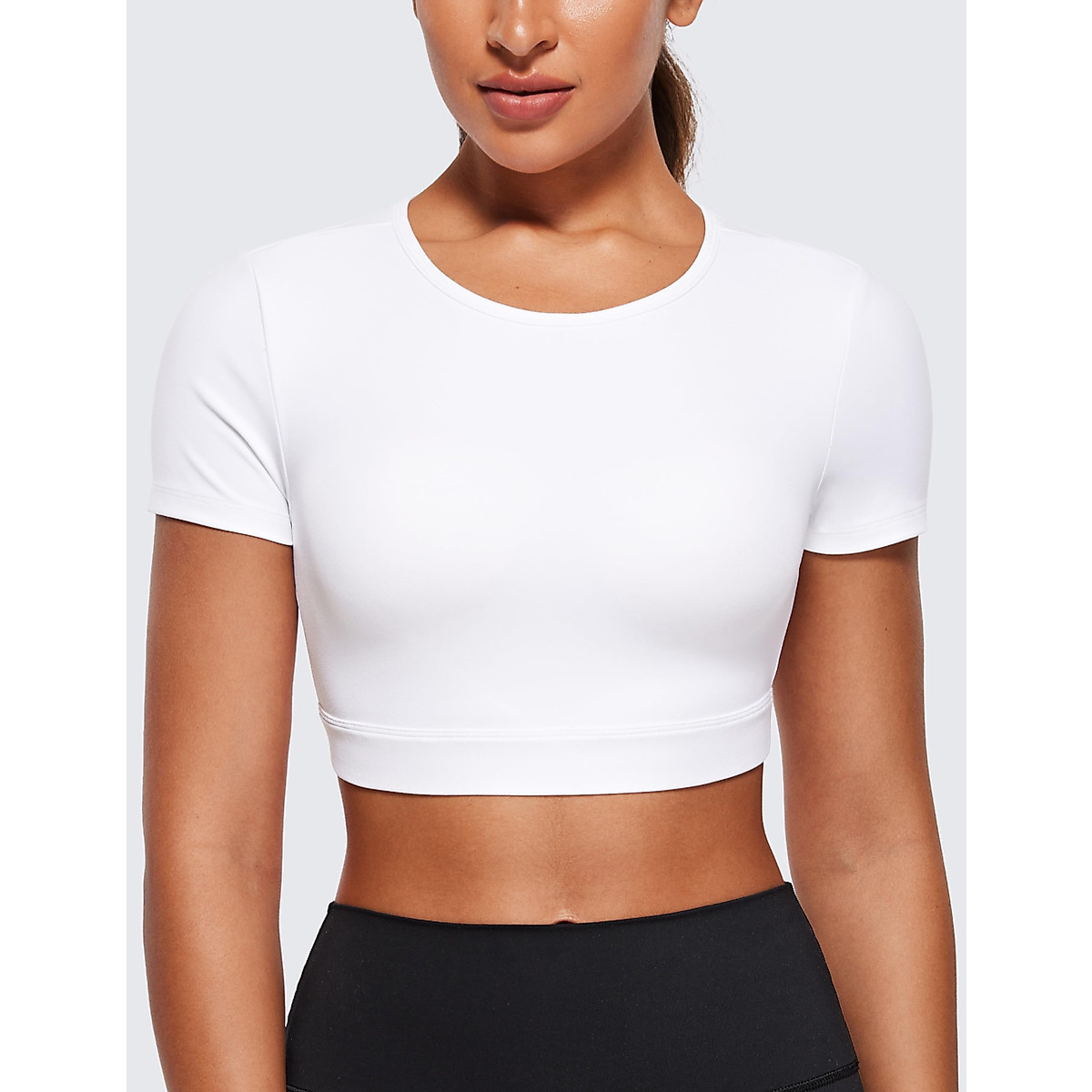 CRZ YOGA Womens Butterluxe Double Lined Open Back Crop Tops Backless Short Sleeve Workout Shirts Casual Tight T-Shirts White Medium