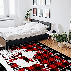 Seven Roses Rectangular Area Rug for Living Room, Bedroom, White Xmas Tree Elk Snowflake Non-Slip Residential Carpet, Kitchen Rugs, Red Buffalo Plaid Christmas Floor Mat with Rubber Backing 2' x 3'