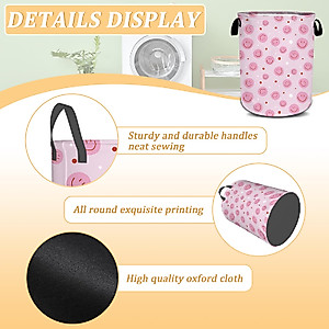 Pink Smiley Face Laundry Basket, Boho Laundry Hamper Foldable Waterproof Oxford Cloth Funny Tote Bag Dirty Clothes Storage Bucket Toy Organizer for Bathroom/Laundry/Bedroom 15.7"x19.6"