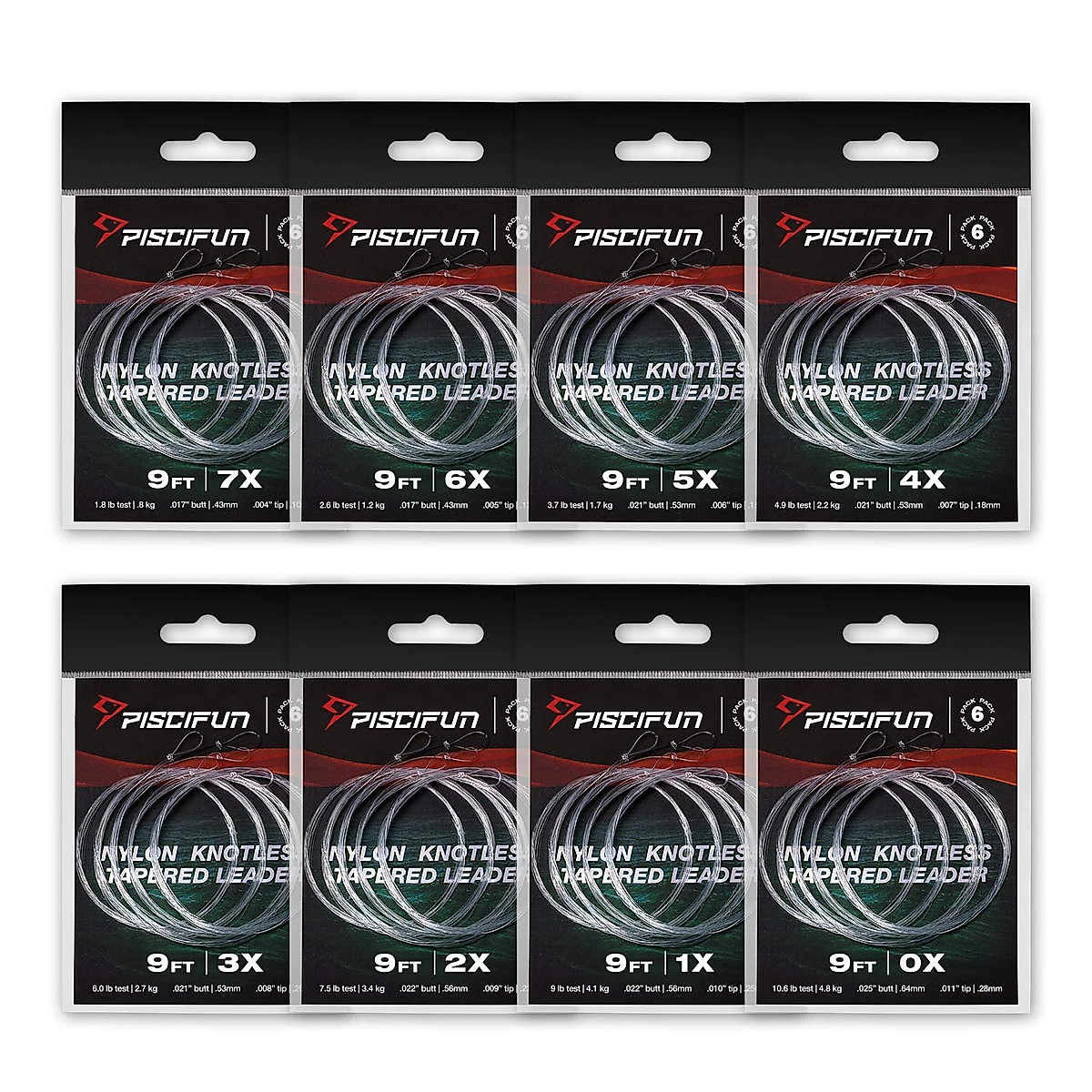 Piscifun Fly Fishing Leader with Pre-Tied Loop, Tapered Fly Line Leader, Nylon, Clear, 9ft, 6 Pack, 5X