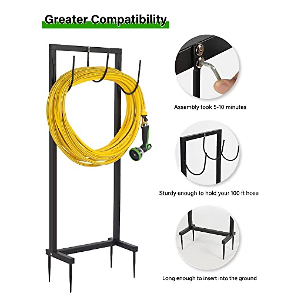 Garden Hose Holder Freestanding Thicker Metal Hose Stand Securely Hold Hose 3/4 inch x 100 ft, Detachable water hose stand for Outdoor Yard