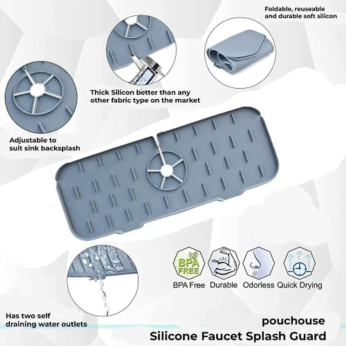 Pouchouse Sink Splash Guard 3 Pack-Faucet Mat for Kitchen-Kitchen Gadgets-Drying Mat For Kitchen Protectors-Sponge Holder-Under sink Mats For Kitchen Waterproof(Black Grey).