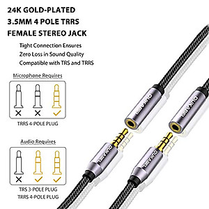 DUKABEL 3.5mm Female to Female Adapter Cable 4-Pole TRRS Female Coupler AUX Extension Cable [OFC Lossless Audio & Crystal-Nylon Braided] Aux Connector Stereo Jack Cable - TopSeries (6 inch / 15cm)