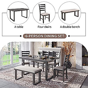 Merax 6-Piece Wooden Dining Table Set with 4 Chairs and 1 Bench, Family Furniture for Kitchen, Grey(Beige Cushion)