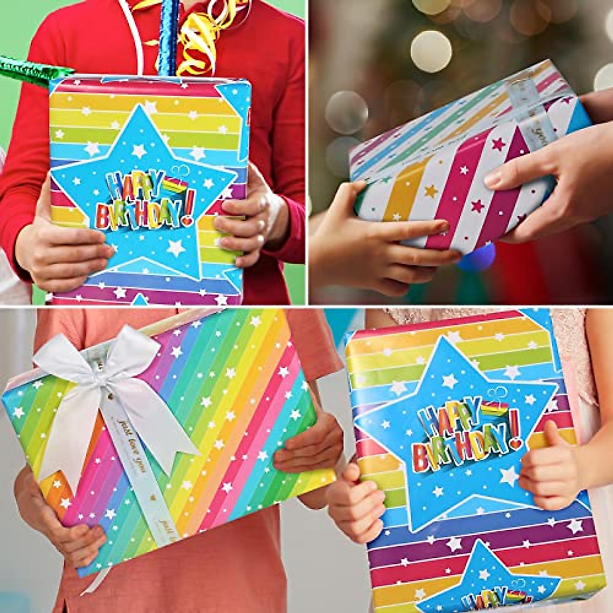 THMORT Birthday Wrapping Paper for Kids, Boys&Girls, Adults. Gift Wrapping Paper With Star, Rainbow stripe line Happy Birthday 4 Colorful Designs for Baby Shower, Holiday, Party Pack of 12 Sheets 20 X 29 Inch