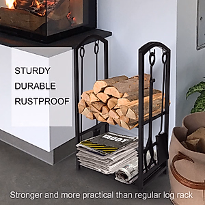 Babylon Fireplace Tools Log Rack Set with 4 Piece Tools Wrought Iron Black Fireplace Tools Firewood Holder Carrier Storage Rack with Brush Shovel Poker Tongs for Indoor Outdoor