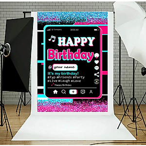 Happy Birthday Party Backdrop,Tic tok Birthday Decoration,Twinkle Pink Blue Backdrop,Musical Theme Party Supplies,Bling Pink Backdrop,Colorful Backdrop,Tic TOC Happy Birthday Banner with A Gift Pen