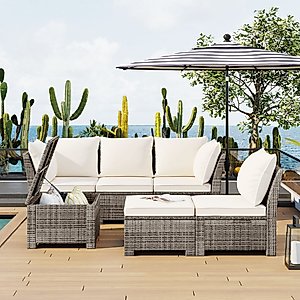 UBGO 6-Piece Outdoor Terrace Furniture Set, PE Wicker Rattan Sofa with 2 Corner Chairs, 2 Single Chairs, 1 Ottoman and 1 Storage Table, All-Weather Conversational Furniture, Beige