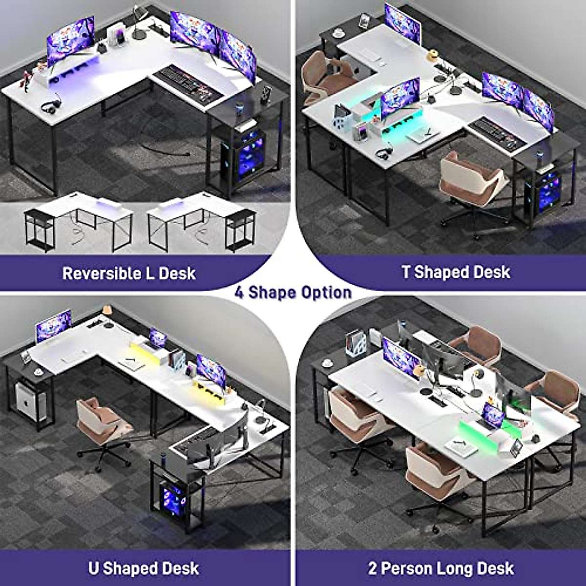 Cyclysio L Shaped Desk with Power Outlets and USB Ports, Reversible L Shaped Gaming Computer Desk with LED Light, 83.5'' Large 2 Person Desk with Monitor Stand, L-Shaped Corner Desk, White and Black