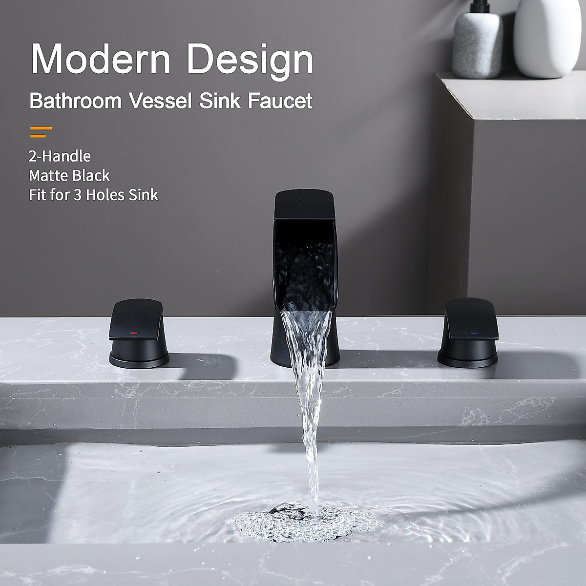 TIORIY Black Bathroom Faucets for 3 Holes Sink - 2-Handle Bathroom Sink Faucet with Drain for Sink 3 Hole, Waterfall Bathroom Faucet with Pop Up Sink Drain Stopper, Black Washbasin Faucet