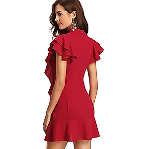 Floerns Women's Tie Neck Short Sleeve Ruffle Hem Cocktail Party Dress Red S