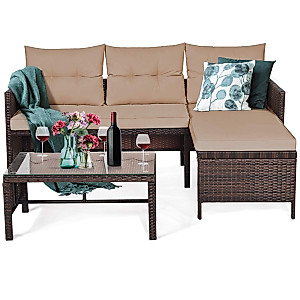 HAPPYGRILL 3-Piece Outdoor Rattan Sectional Sofa Set Patio Wicker Rattan Conversation Furniture Set, Steel Frame & Seat Cushion, Perfect for Garden Lawn Pool Backyard