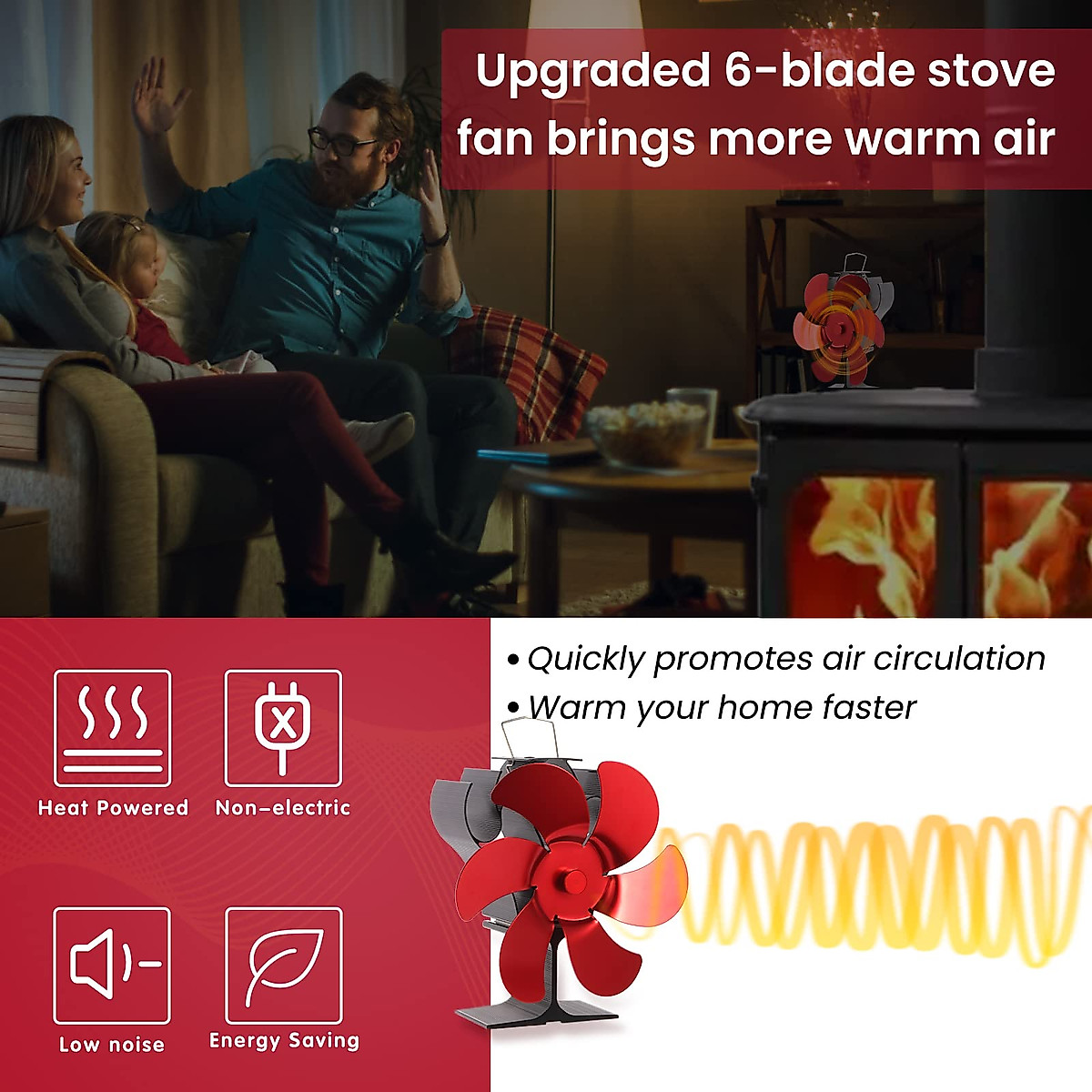 Avoeco Heat Powered Wood Stove Fan, Fireplace Fan for Wood Burning Stove, Red Blade, Circulating Warm Air, Heat Activated Fan for Wood Burning/Gas/Pellet/Log Burner/Fireplace, Wood Stove Accessories