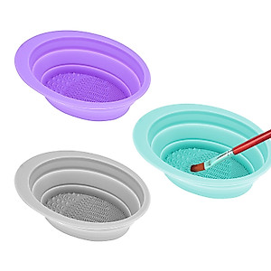 SHIDOW Portable Folding Brush Bowl, Silicone Brush Bowl Clean Watercolor Painting Water Cup for Acrylic Oil Painting (Purple, Green, Grey 3 pcs)