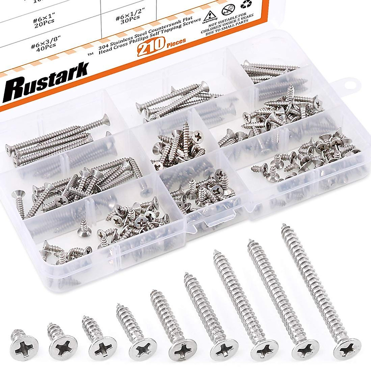Rustark 210Pcs [#6 5/16'' to 1-1/2''] 304 Stainless Steel Flat Head Phillips Cross Wood Screw Drive Self-Drilling Screws Assortment Kit