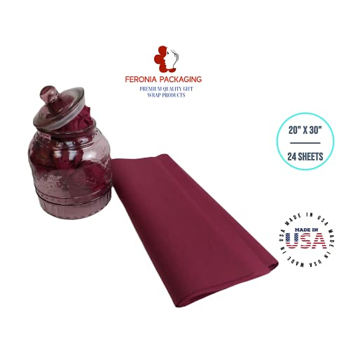 Burgundy Tissue Paper Squares, Bulk 24 Sheets, Premium Gift Wrap and Art Supplies for Birthdays, Holidays, or Presents by Feronia packaging, Large 20 Inch x 30 Inch