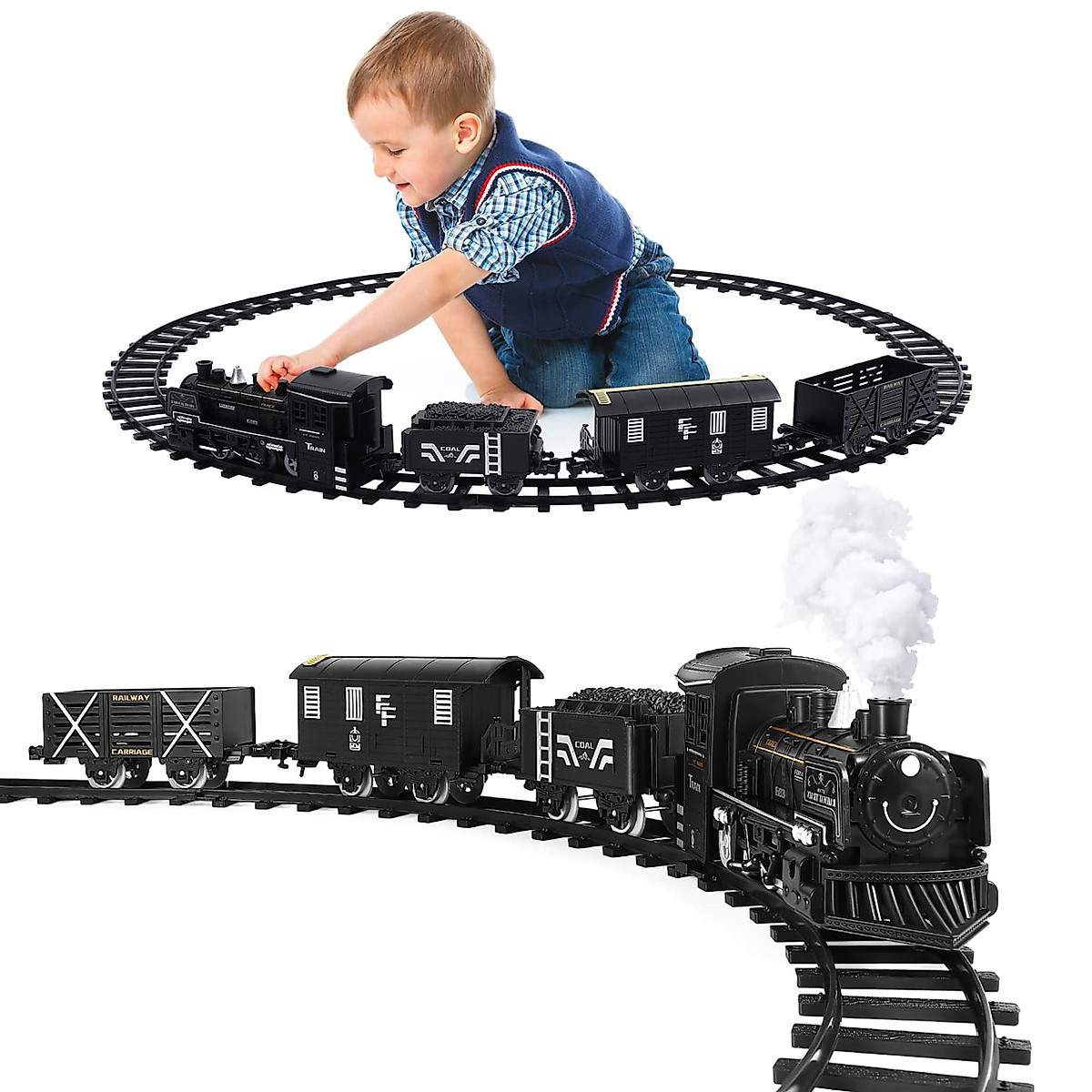 TOYANDONA Electric Train Set, Steam Locomotive Engine Toy Train Set Battery Powered Electric Railway Train Set with Lights and Sounds for Kids