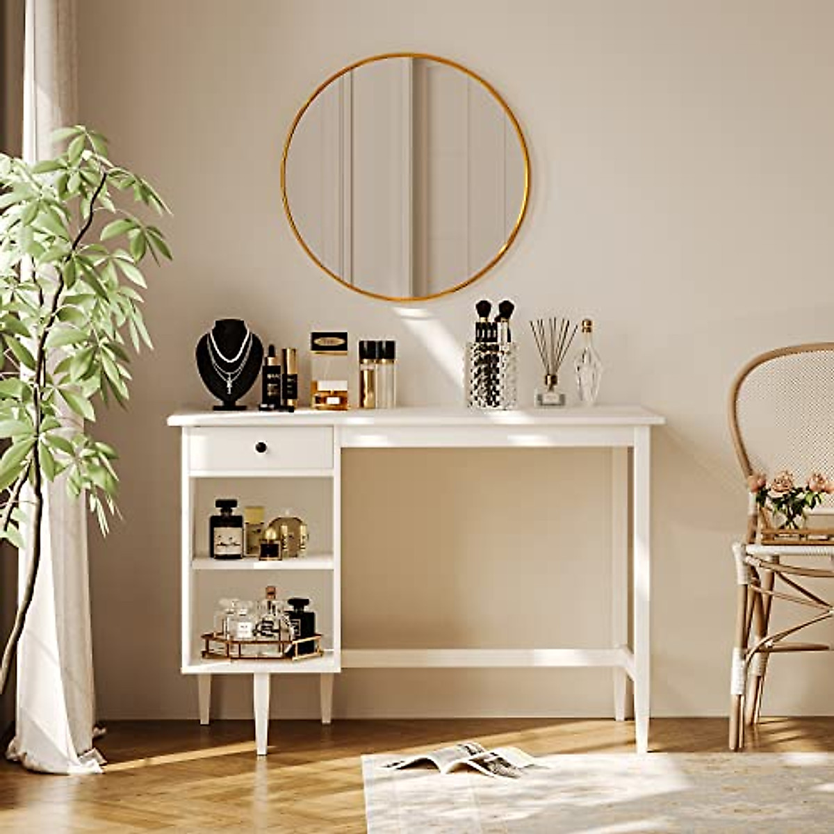 White Desk with Drawers & Shelves,43-inch Small Desk for Bedroom White Vanity Desk with Storage Drawer,Modern Home Office Computer Desk