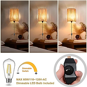 Rattan Plug in Wall Sconce Farmhouse Decor Set of Two,Boho Wall Lamp with Plug in Cord Set of 2,Dimmable Switch Wall Lights Fixture,Indoor Rustic Wall Mount Light Bedside for Bedroom Living Room Kids