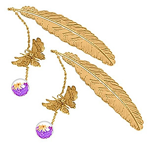 QEZEZA Metal Feather Bookmark, Handmade Gifts Bookmarks for Book Lovers, Teachers, Kids, Women and Men 2 Pack (Purple)