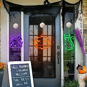 Halloween Lights Window Decorations 3 Pack Orange Pumpkin Purple Spider Green Cat Battery Operated Halloween Window Light with Suction Cup, Cute Halloween Decorations Indoor Home Room Door Party Decor