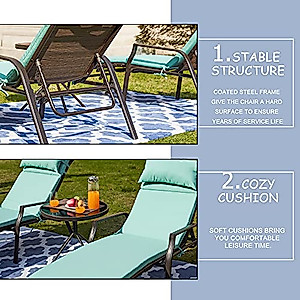 LOKATSE HOME Outdoor Lounge Chair Set 3 Pieces Patio Cushioned Adjustable Back Chaises with Bistro Table Steel Frame for Backyard Porch Garden Poolside, Light Blue