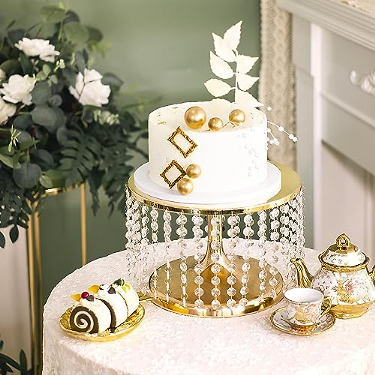 8 Inch Tall Wedding Gold Cake Stand - 12" Dia Round Base Cake Serving Stand with Crystal Chandelier, Dessert Cupcake Pastry Candy Display Plate for Weddings, Birthdays and Special Occasions