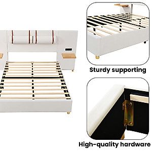 Merax Queen Size Upholstered Platform Bed, Modern Bedframe with Two Outlets and USB Charging Ports on Both Sides, Two Bedside Pillows, Storage Shelves, Beige