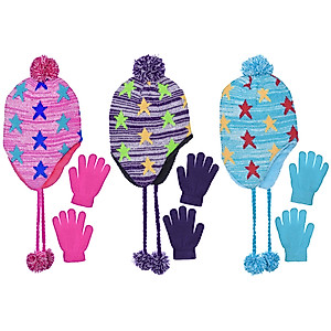 Girls Fleece Lined Knit Pom Beanie & Gloves Set with Warm Ear Flaps for Winter (Pink)