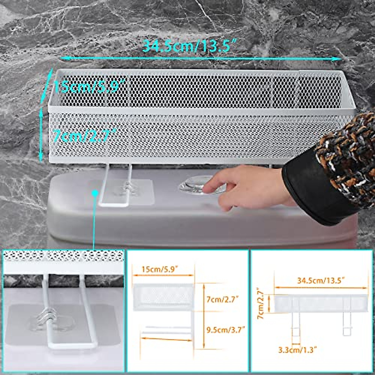 BSTKEY Metal Mesh Bathroom Over The Toilet Storage Shelf, Bathroom Storage Rack Toilet Tank Shelf Organizer with 2 Adhesive Hooks, Restroom Organizers Toilet Storage No Drilling Space Saver, White