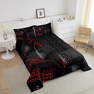 Feelyou Gamer Comforter Set for Boys Teens Kids Game Headphones Keyboard Mouse Gamepad Duvet Cover Twin Size Black Red Gaming Bedding Set Game Peripherals Decor Quilted Duvet Set with 1 Pillow Sham