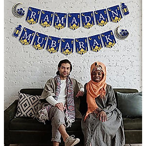 JOZON Ramadan Mubarak Banner Muslim Ramadan Mubarak Bunting Banner Garland with Lantern Moon Castle Sign Eid Mubarak Festival Celebration Party Decorations for Mantle Fireplace Wall Party Supplies