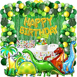 176pcs Dinosaur Birthday Party Decorations, Slmeno Dinosaur Balloon Arch Garland Kit with Dinosaur Cake Topper,HAPPY BIRTHDAY Balloons,Dinosaur Tablecloth,Curtains,Glow In The Dark Dinosaur Tattoos