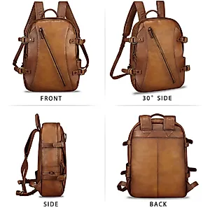 IVTG Genuine Leather Backpacks for Men Vintage Handmade High Capacity Leather Rucksack Casual Daypack Retro Knapsacks (Brown)