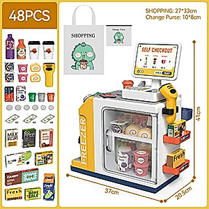 Cash Register Playset for Kids - 48PCS Pretend Play Money, Calculator, Scanner, Credit Card and Play Food for Boys and Girls Ages 3+ (668-125)
