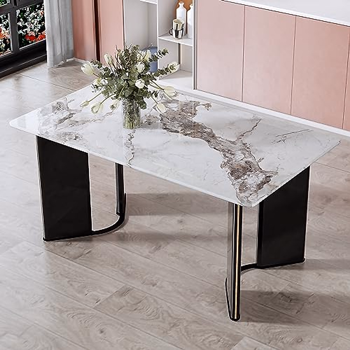 Goderfuu Glass Dining Table for 6 People, 63 inch Modern Kitchen Table with Black Wood Base, White Marble Textured Glass Dining Table Pedestal Dinner Table, Faux Marble Dining Table for Dining Room