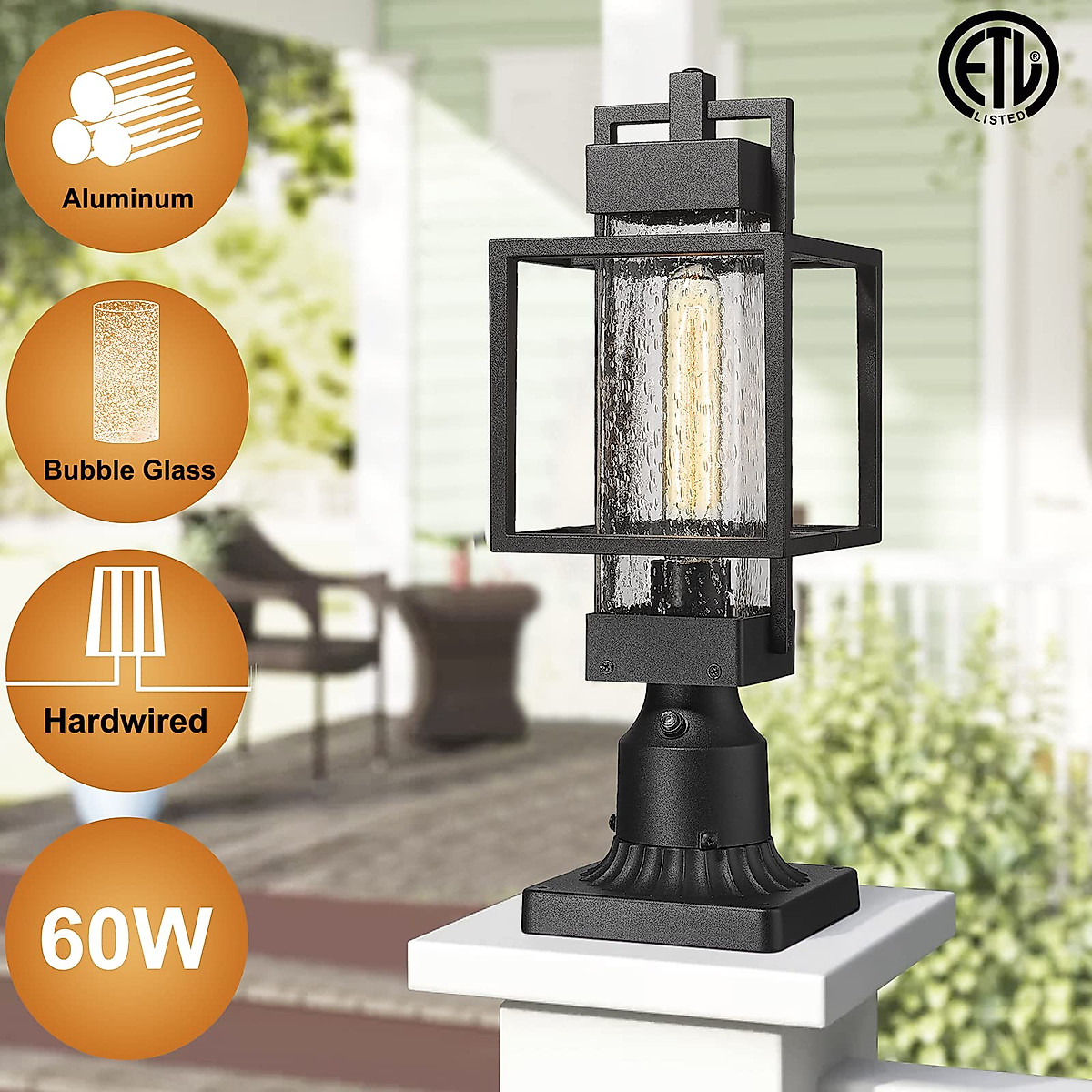GOORAY Dusk to Dawn Sensor Outdoor Post Light Fixtures, Exterior Post Lantern Pier Mount Base Pillar Light Bubble Glass Waterproof Outside Lamp Light Fixture for Garden Patio House, 2375/1GS-SBK