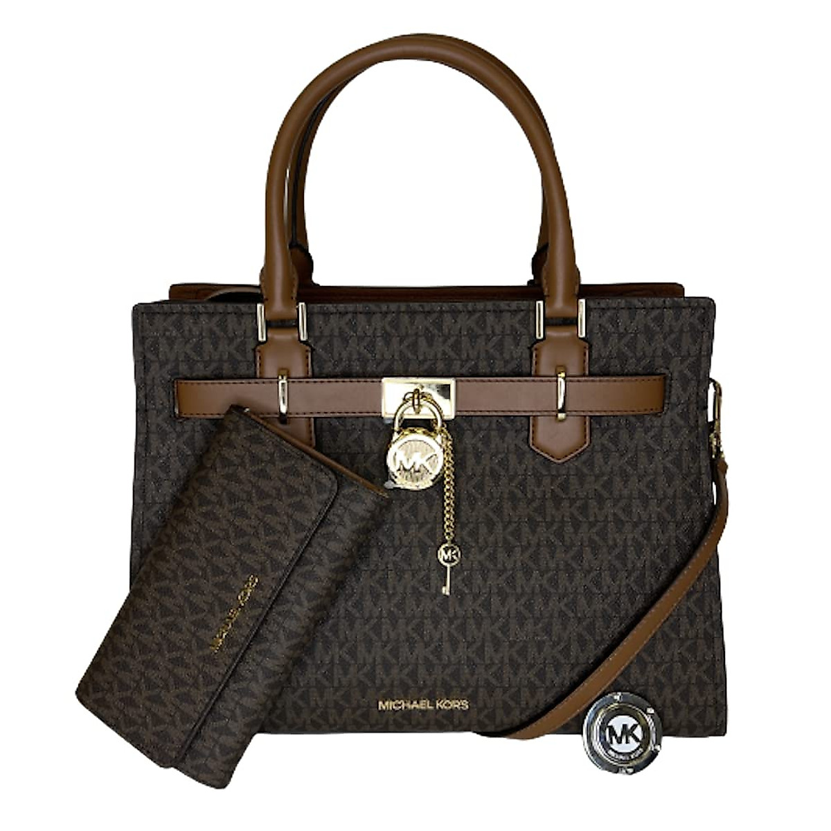 MICHAEL Michael Kors Hamilton MD Satchel bundled with Trifold Wallet and Purse Hook (Signature MK Brown)